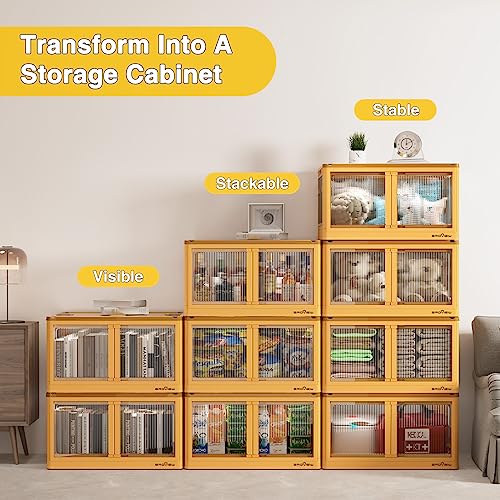 BROVIEW Plastic Storage Bins with Lids, 3 Pack 25 Gal Stackable Storage Cabinets Closet Organizers with 5-Doors, Collapsible Storage Containers Box for Kitchen Bedroom Living Kids Room Dorm (Yellow)