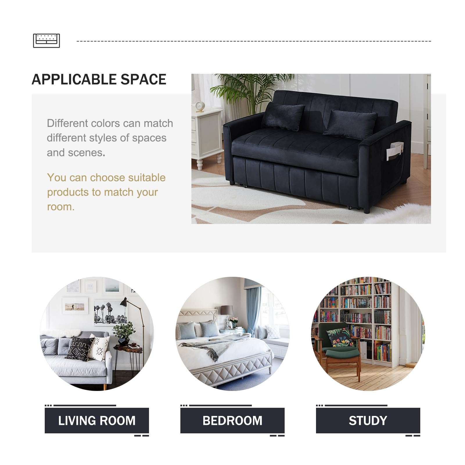 ECHINGLE 55.51" Convertible Sofa Bed, 3-in-1 Sleeper Sofa with Pullout Bed, Velvet Sofa cama with Adjustable Backrest and Side Pocket & 2 Pillows, Modern Futon Couch for Living Room, Bedroom(Black)