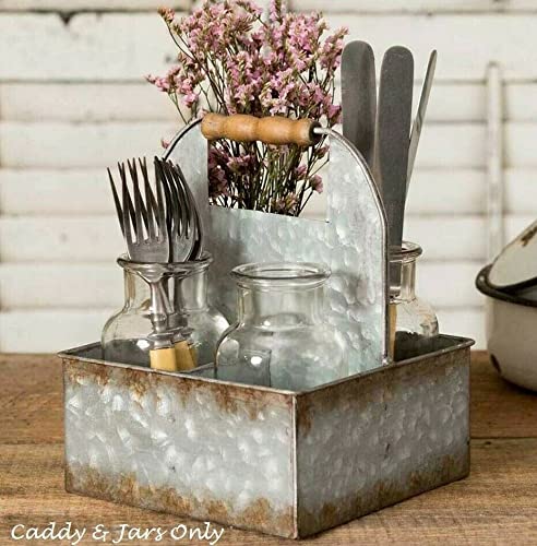 Primitive Galvanized Metal Organizer w/Four Jars Rustic Bin Farmhouse Gray Home and Garden