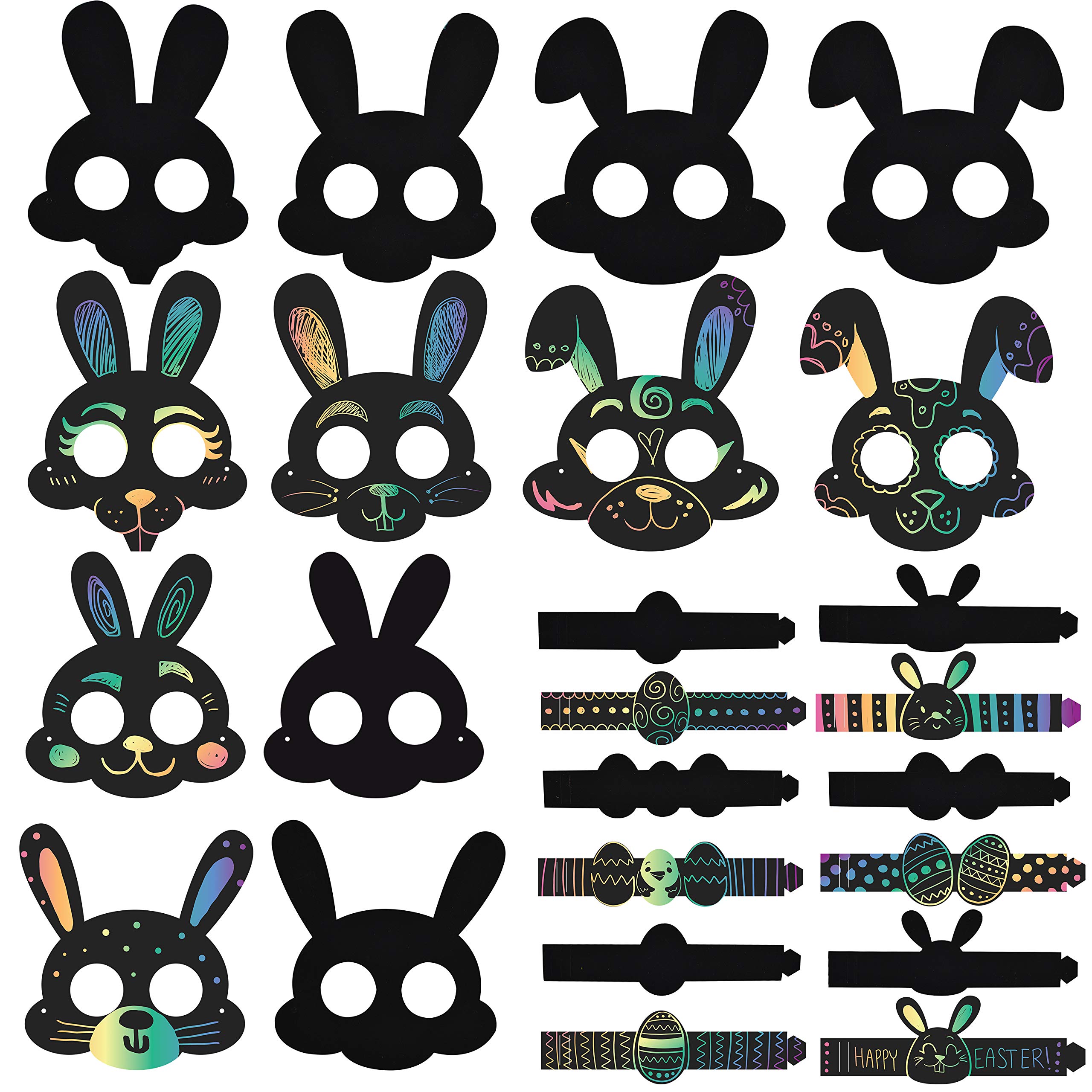 JOYIN 36 PCs Easter Rainbow Scratch Cards Craft Art Set for Kids Including Scratch Card 24 Pendants, 6 Bracelets, 6 Bunny Masks, Kids Easter Craft Kit