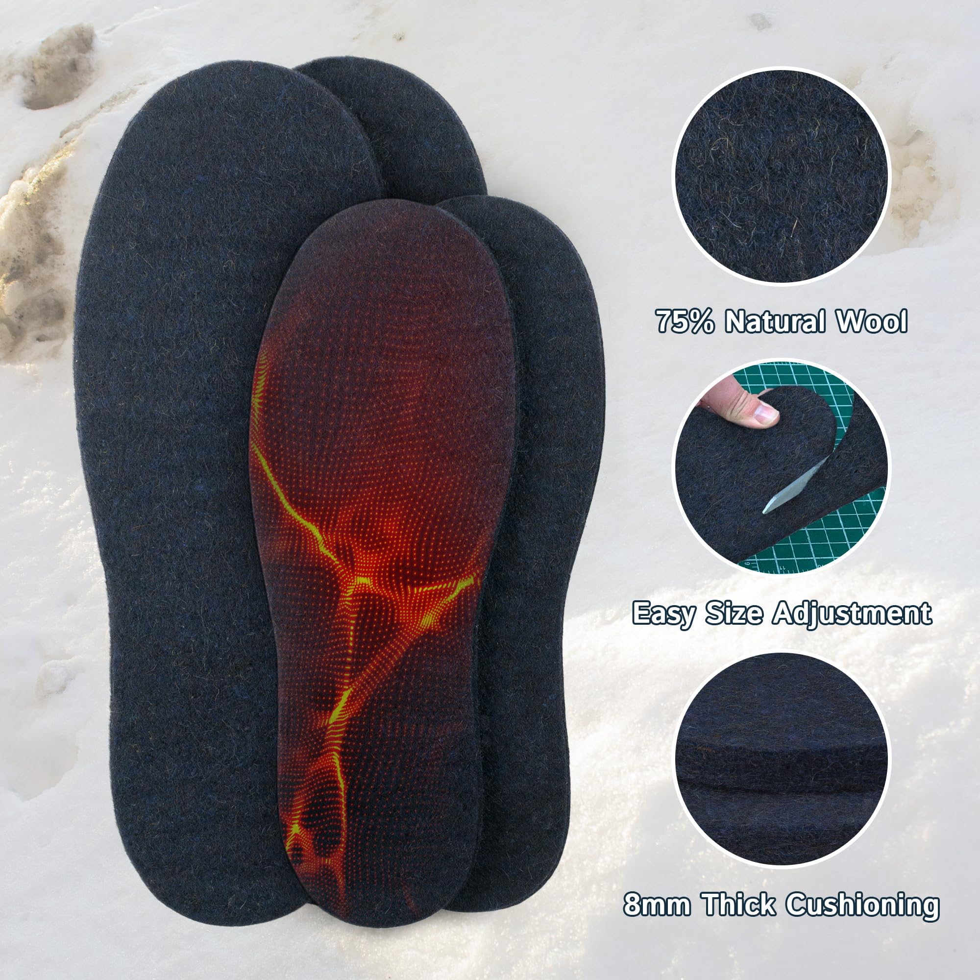 The Felt Store 8mm Long-Lasting Wool Felt Insoles for Men and Women, Warm Wool Boot Insoles for Winter, Adjustable Wool Insoles, 2 Pair - Size 10