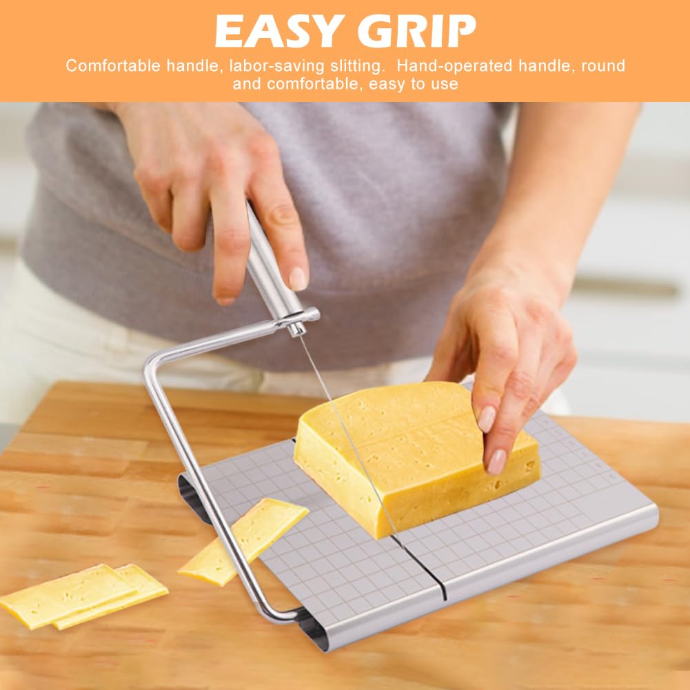 Cheese Slicer with Board for Block Cheese,Stainless Steel Cheese Slicer with 10 Replacement Wires,Tightness Adjustable Cheese Slicer for Block Cheese, Dishwasher Safe(silver,Size:8.27x5.12x0.91inch)