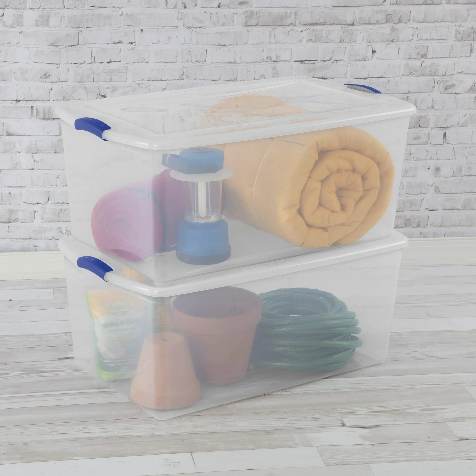 BECENBIN Latch Box Plastic Storage Bin Tote Organizing Container With Durable Lid, 105 Qt. Stackable and Nestable Snap Lid Plastic Storage Bin, Clear With Blue Buckle