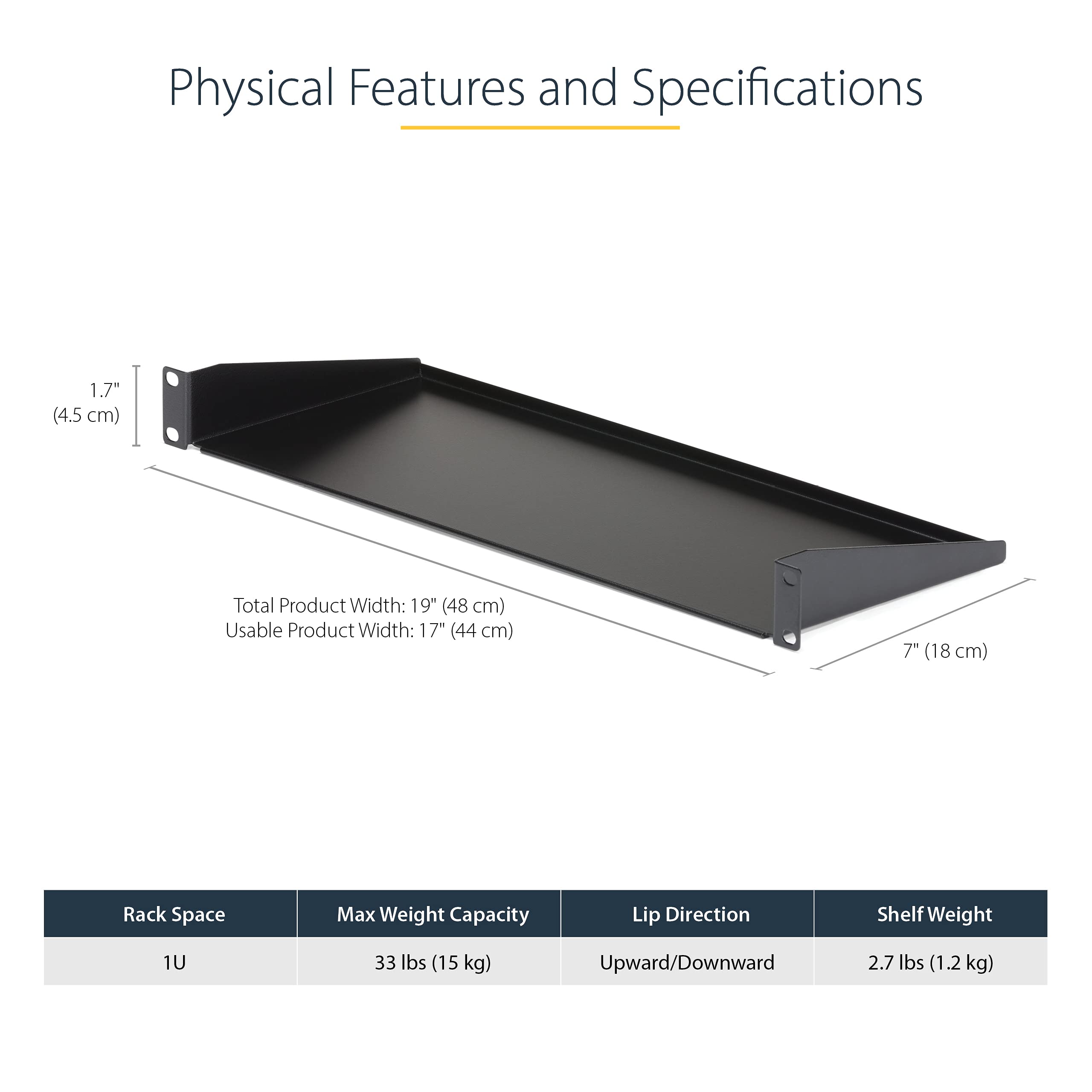 StarTech.com 1U Server Rack Shelf - Universal Rack Mount Cantilever Shelf for 19" Network Equipment Rack & Cabinet - Heavy Duty Steel – Weight Capacity 33lb/15kg - 7" Deep Tray, Black, TAA