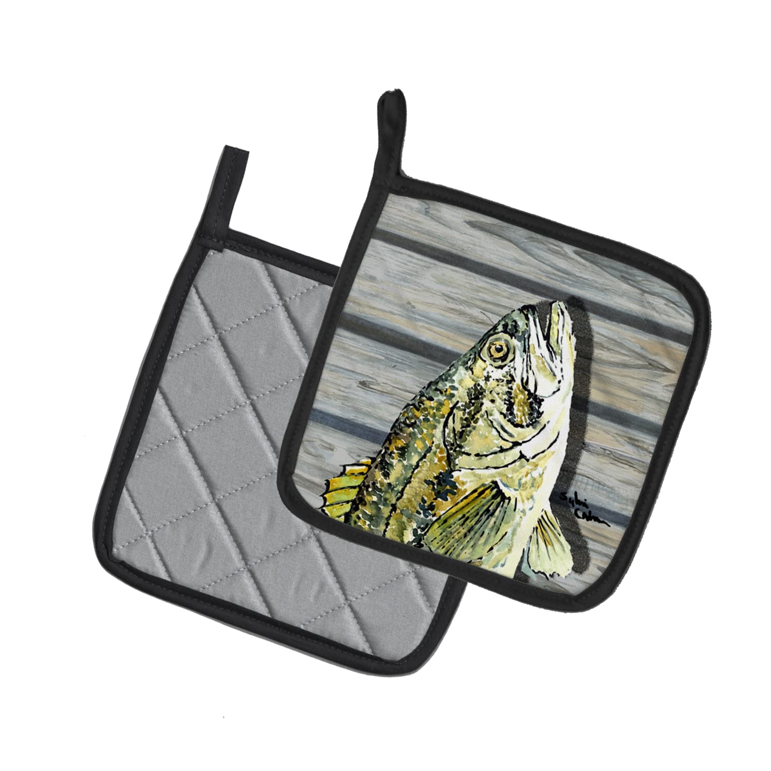 Caroline's Treasures 8493PTHD Fish Bass Small Mouth Pair of Pot Holders Kitchen Heat Resistant Pot Holders Sets Oven Hot Pads for Cooking Baking BBQ, 7 1/2 x 7 1/2