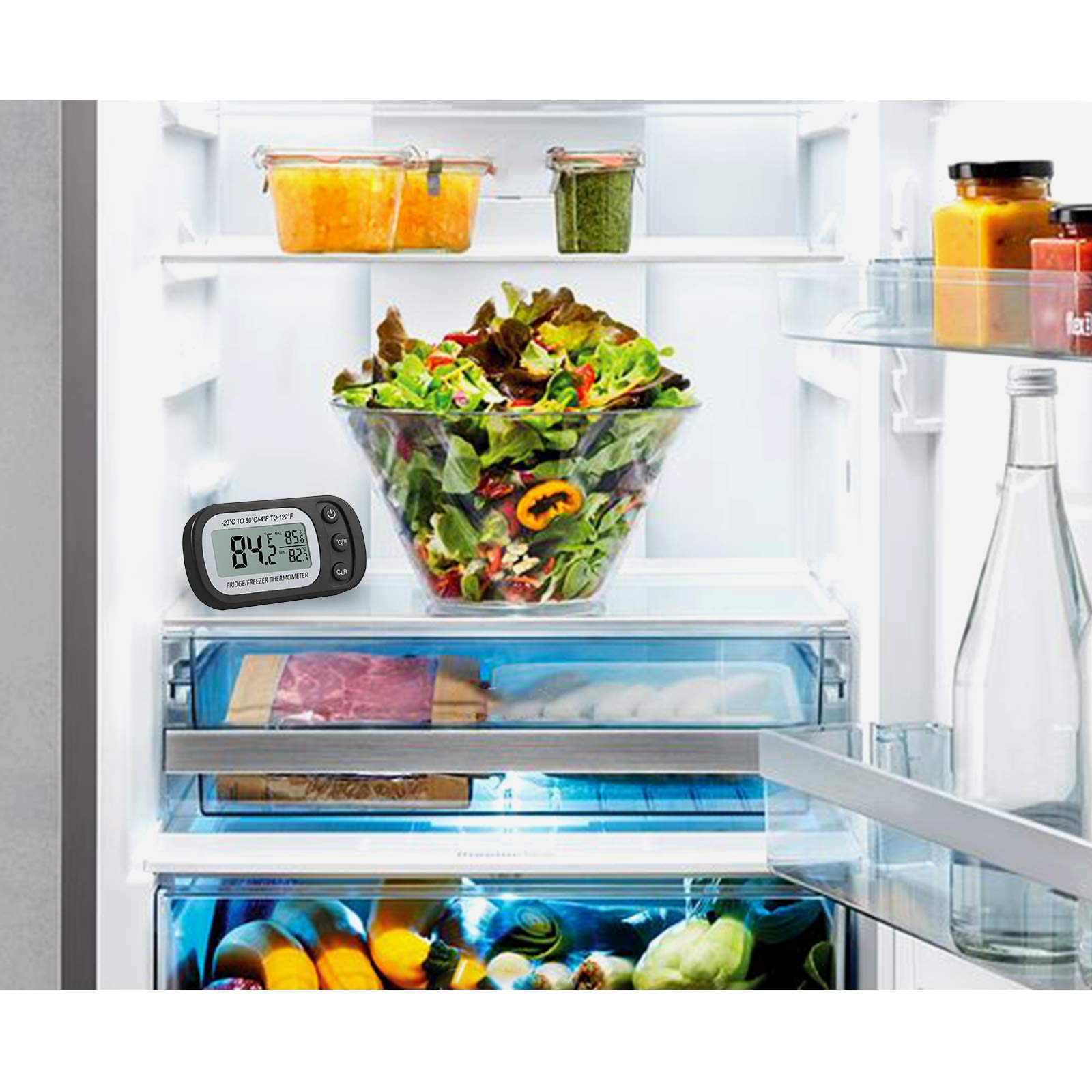 CAMWAY Refrigerator Fridge Thermometer Waterproof Digital Freezer Room Thermometer(-4°F to 122°F) Max/Min Record Function Large LCD Display Fridge and Freezer Thermometers(Black-4Pack)