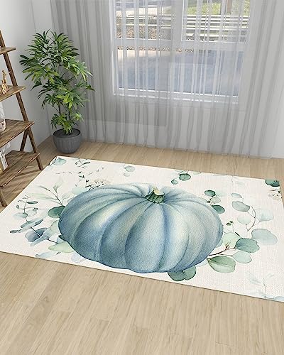 Rustic Blue Pumpkin Large Rectangular Area Rugs 5' x 8' Living Room, Durable Non Slip Rug Carpet Floor Mat for Bedroom Bedside Outdoor Thanksgiving Fall Green Eucalyptus Leaves