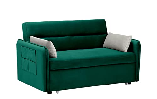 DHPM Pull Out Couch w/Headboard, 54" Modern Velvet Convertible Sleeper Love seat Sofa Bed with 2 Pillows & Detachable Side Pockets for Small Space, Living Room, Apartment, Green