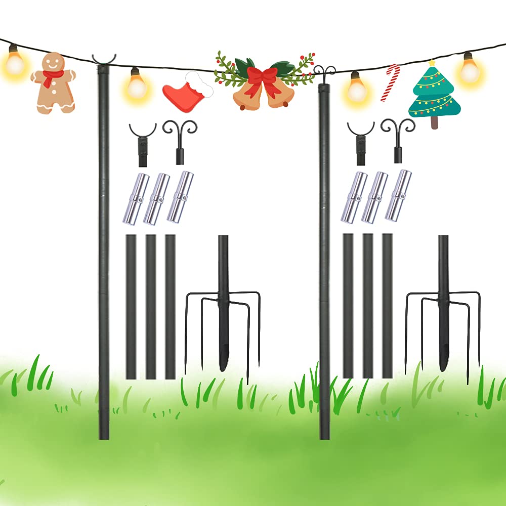 String Light Poles for Outdoors 2 Pack 7.8 FT Outside String Lights Pole Stand with 2 Shape Hooks and Heavy Duty 5-Prong Fork for LED Solar Bulbs Hanging Yard Garden Patio Wedding Cafe and Party