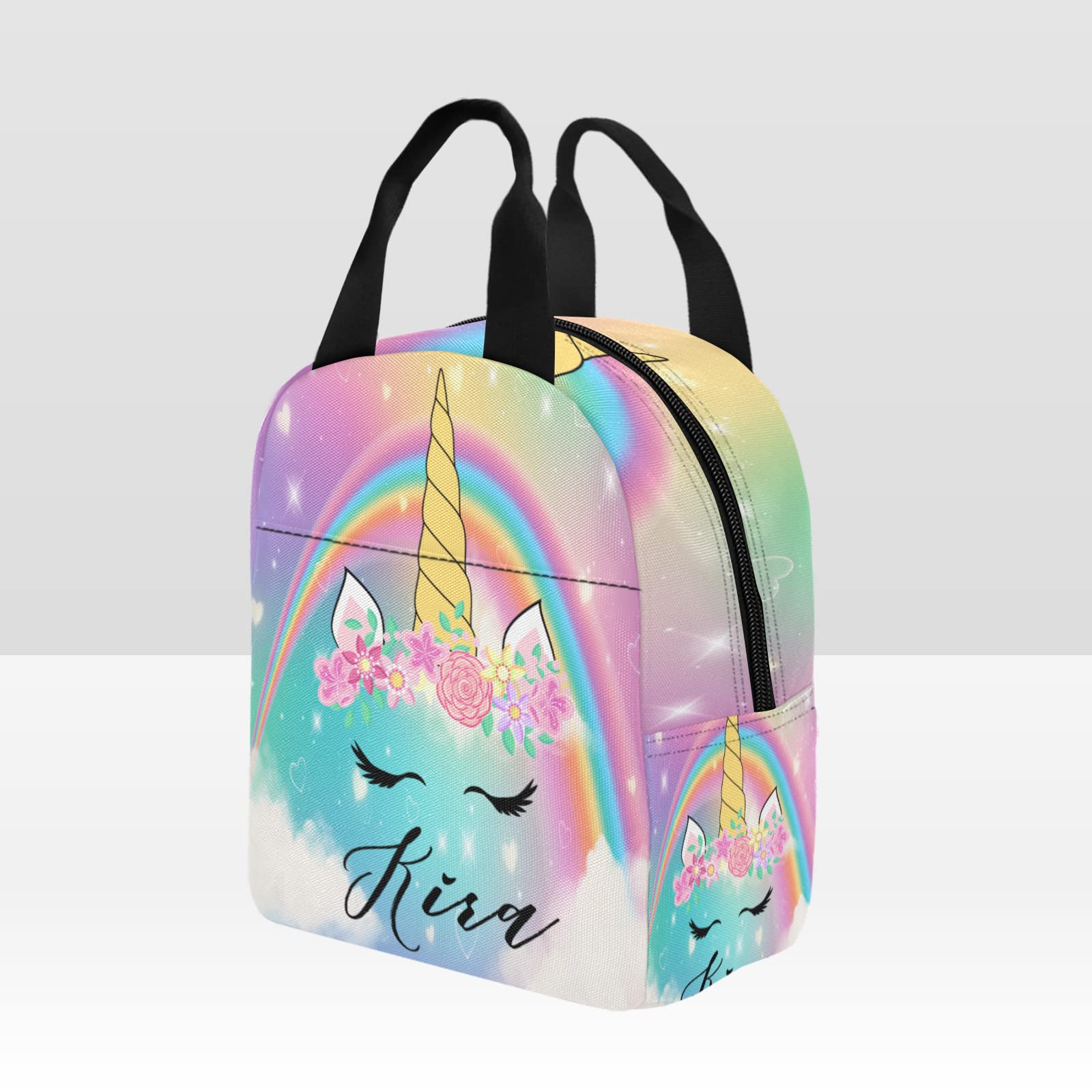 Deargifts Rainbow Glitter Lunch Bag for Girls, Customized Personalized Lunch Bag, Insulated Thermal Bag, Reusable, Durable, Large Capacity, 8.46"L x 5.12"W x 9.65"H