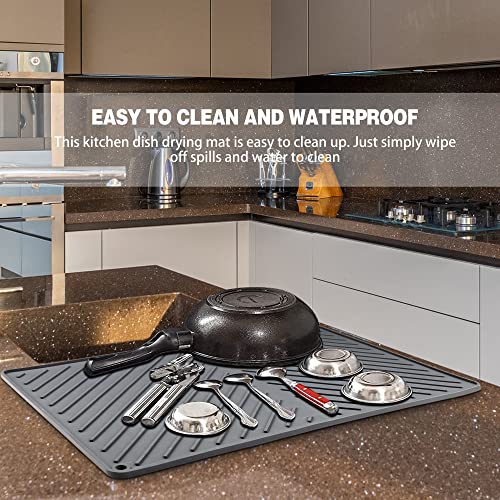 IYYI Silicone Dish Drying Mat XL(24" x 15") Dish Draining Mat for Kitchen Counter, Easy Clean, Heat Resistant, Large Drainer Mat (Gray)