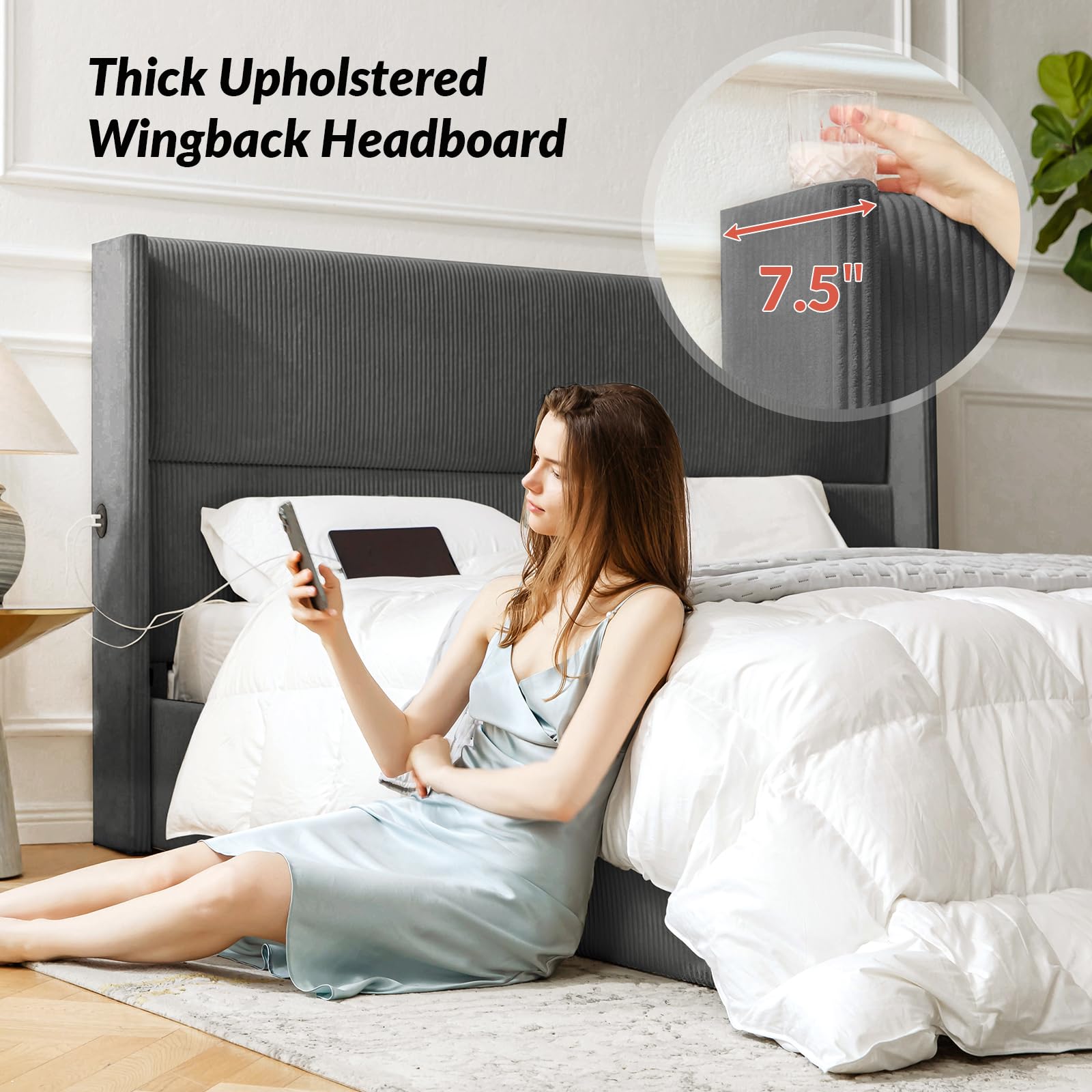 EcoHarbor Lift up Storage Bed Queen with 2 Charging Stations Underneath Corduroy Upholstered Wingback Headboard Hydraulic Bed Frame Queen Size with Storage Noise-Free/No Box Spring Needed (Cream)
