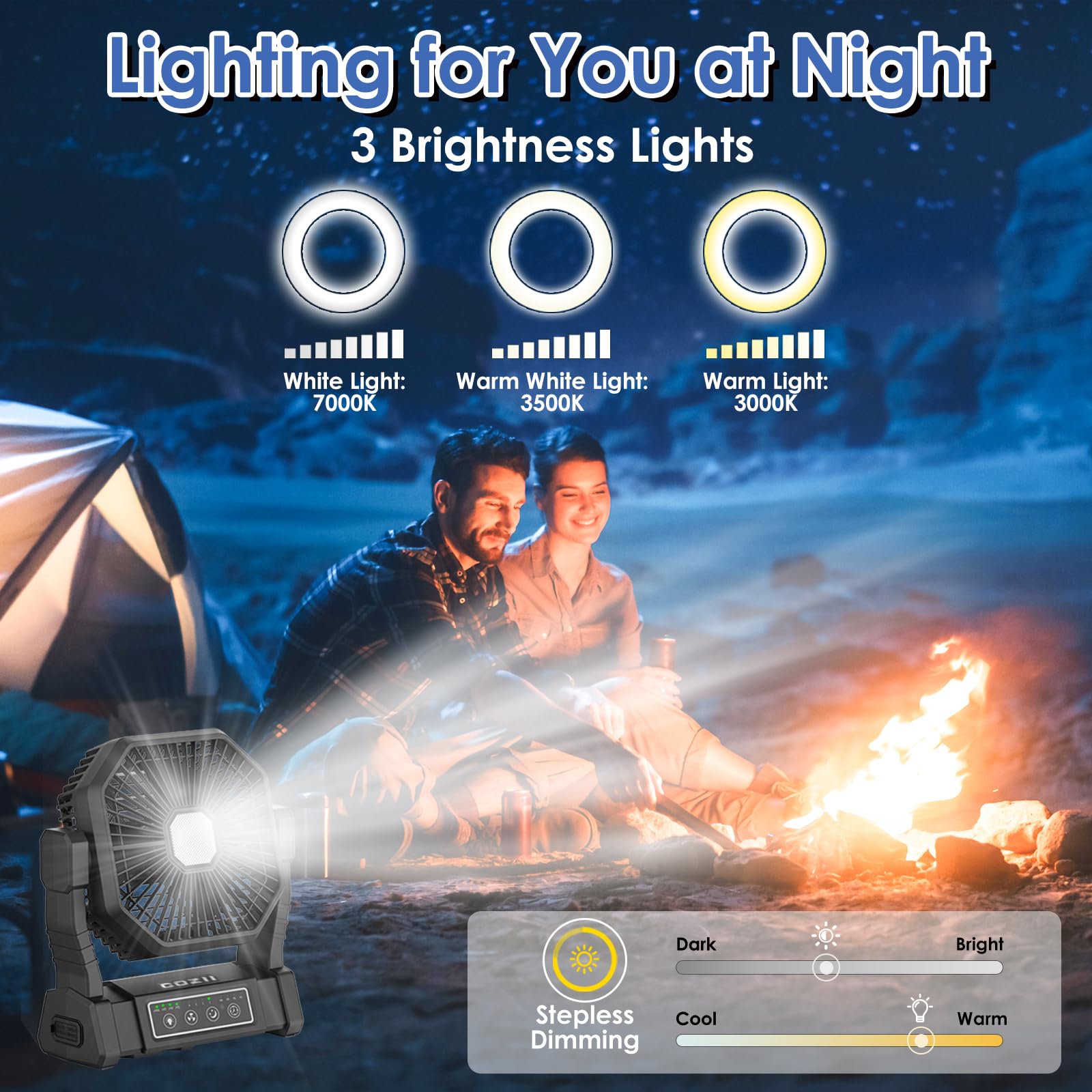 COZII 20000mAh Battery Operated Fan - Camping Fan Rechargeable with 3 Colors Light, 4 Speeds, 4 Timing, Adjustable Head, Portable Battery Powered Tent Fan with Hanging Hook for Picnic, BBQ