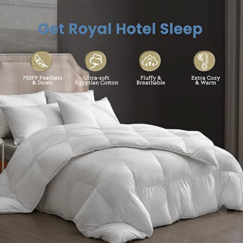 Hotel Collection Feathers & Down Comforter | Full/Queen Bed All Season Duvet Insert | 750 Fill Power Ultra-Soft 500TC Egyptian Cotton-Blend Quilted with Tabs (90x90, Solid White)