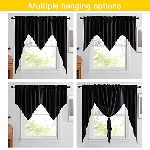 NICETOWN Blackout Window Treatment Pole Pocket Kitchen Tier Curtains- Tailored Scalloped Valance/Swags for Living Room (2 Panels, 36" W X 63" L Each Panel, Black)