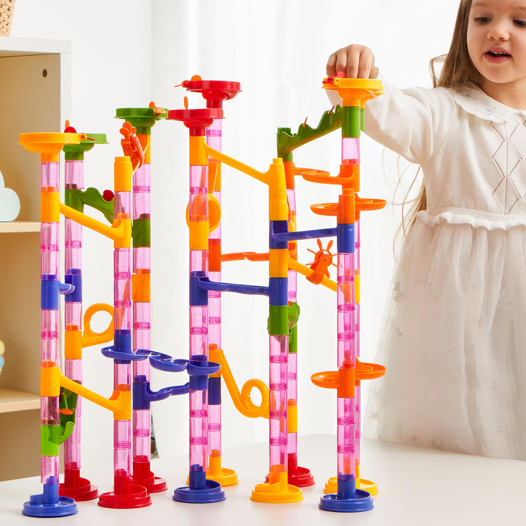 JOYIN Marble Run Premium Set(196 Pcs- Construction Building Blocks Toys, STEM Educational Toy, Building Block Toy(156 Translucent Plastic Pieces+ 40 Glass Marbles)