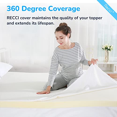 RECCI 3 Inch Mattress Topper Cover Queen Size (Only Cover), Breathable Bamboo Viscose Mattress Topper Protector, Washable Mattress Topper Encasement with Zipper & Adjustable Straps (Queen, White)