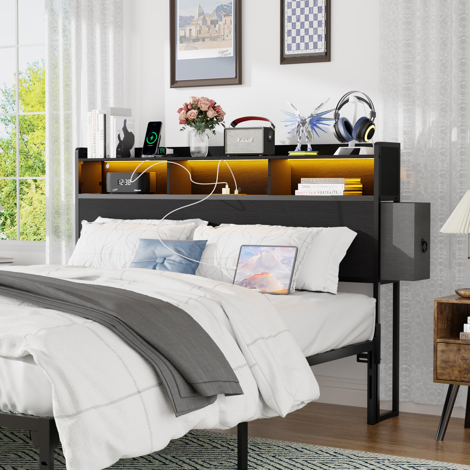 Decoholic King Size Headboard Only with Storage, Upholstered Headboard with Charging Station and LED Light, Sturdy and Stable, Easy to Assemble (Black+Barn Door, King)
