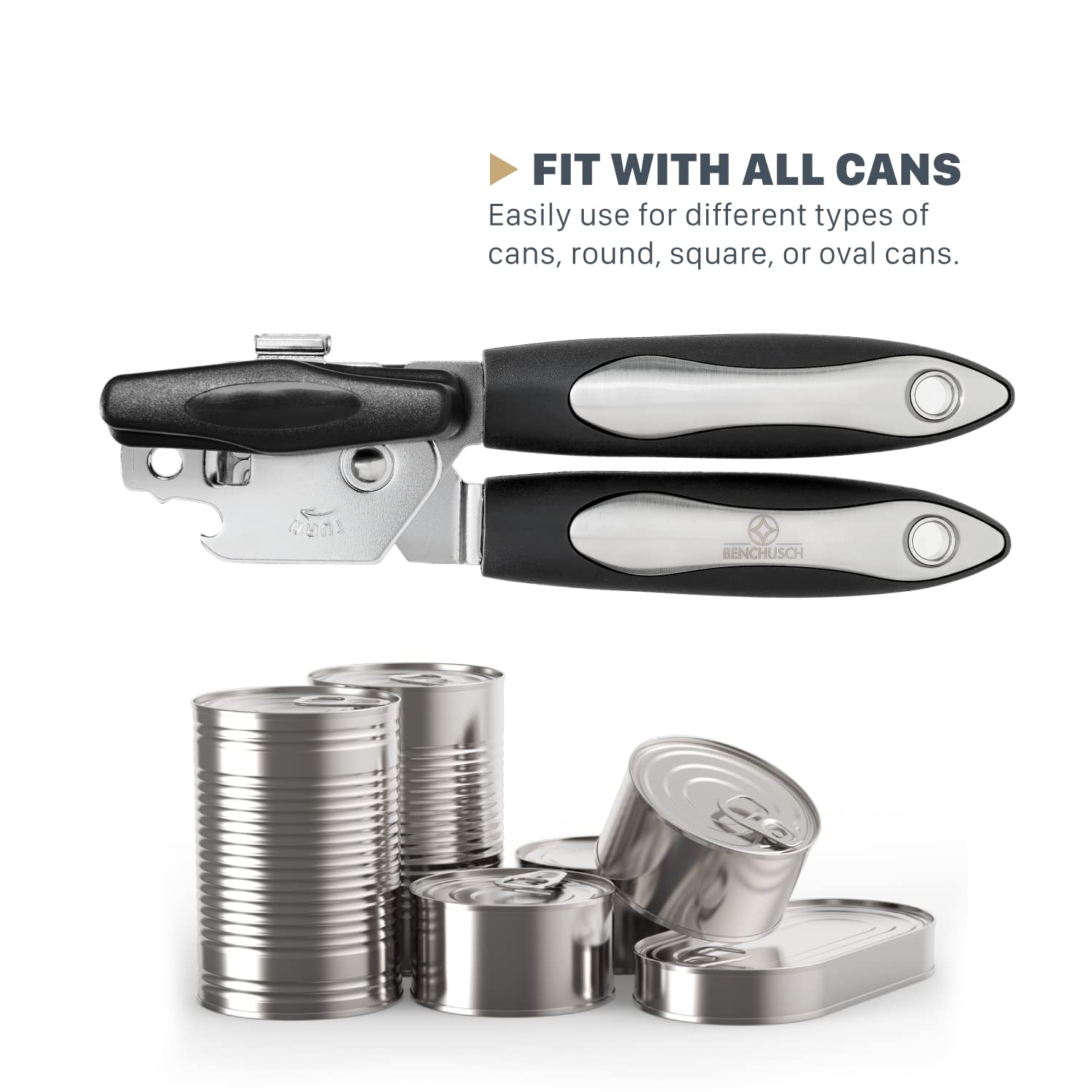 Can Opener Manual Handheld With Magnet, Lid-Lift Safety - Comfortable Anti-Slip Grip Handle And Big Turn Knob - Smooth Edge With Stainless Steel Sharp Blade - Heavy Duty Bottle Can Opener - Black