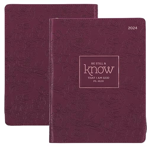 Christian Art Gifts 2024 18 Month Women's Vegan Leather Personal Planner Organizer w/Zipper Closure: Be Still & Know Inspirational Bible Verse, Daily, Weekly, Monthly Planning, Maroon Floral, Large