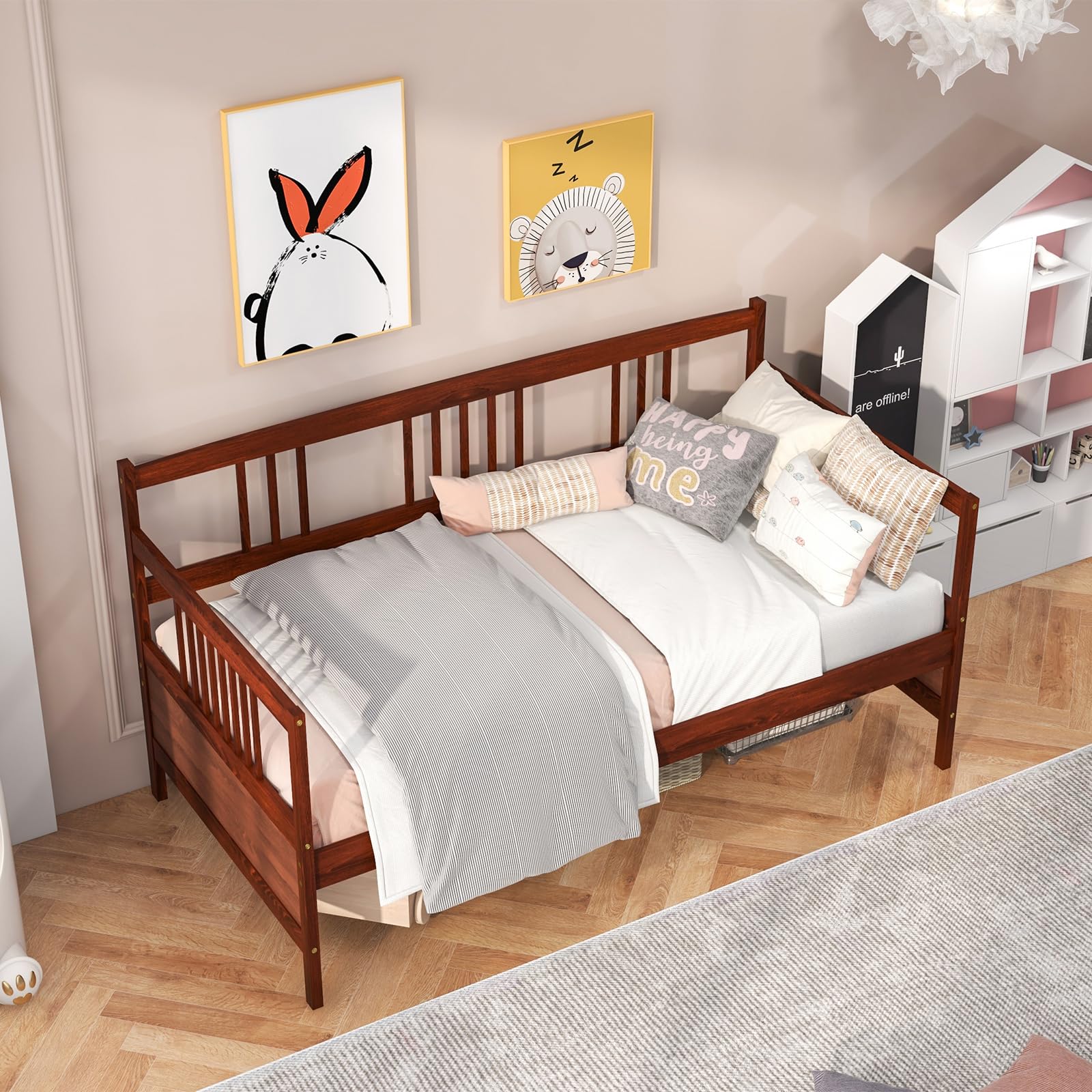Giantex Twin Daybed Frame, Wooden Sofa Bed Guest Bed with Rails & Wood Slat Support, Dual-use Twin Size Platform Bed Frame for Living Room Bedroom, No Box Spring Needed, Cherry