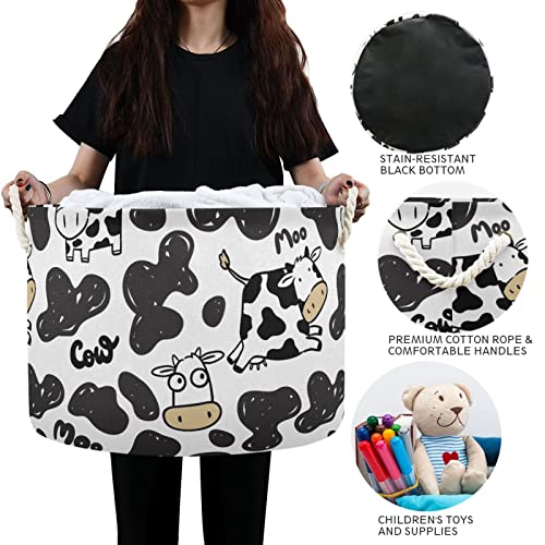 Round Storage Basket Bin Cute Doodle Cow Collapsible Waterproof Laundry Hamper Baby Nursery Basket Organizer with Handles for Bedroom Closet Toys Gifts