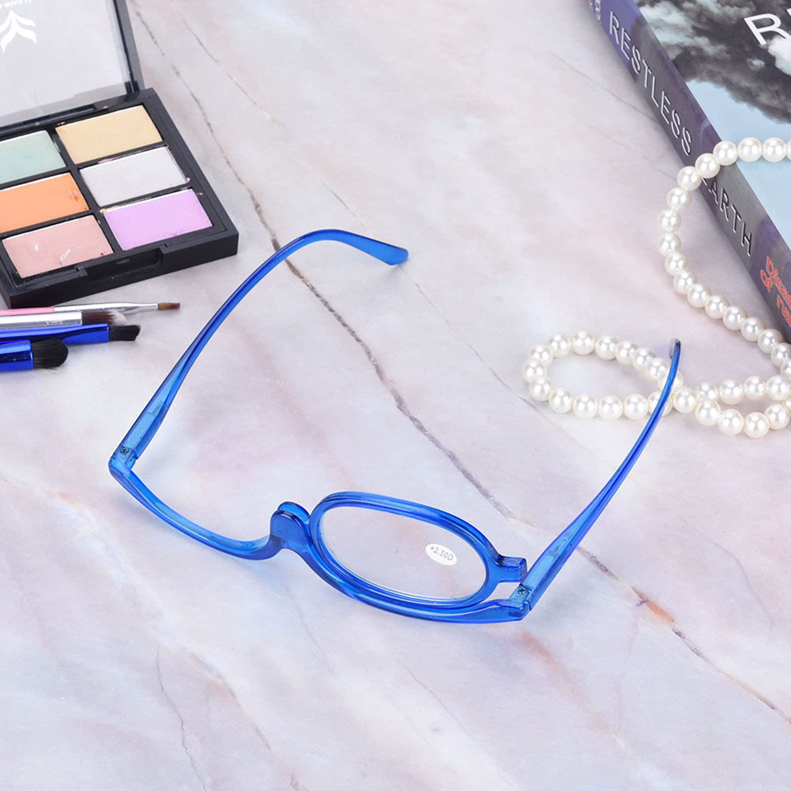 Brrnoo Eye Makeup Glasses, Make Up Makeup Glasses with Foldable, Magnify Eye Makeup Glasses Single Lens Rotating Glasses Women's Makeup Essential Tool(250 + blue)