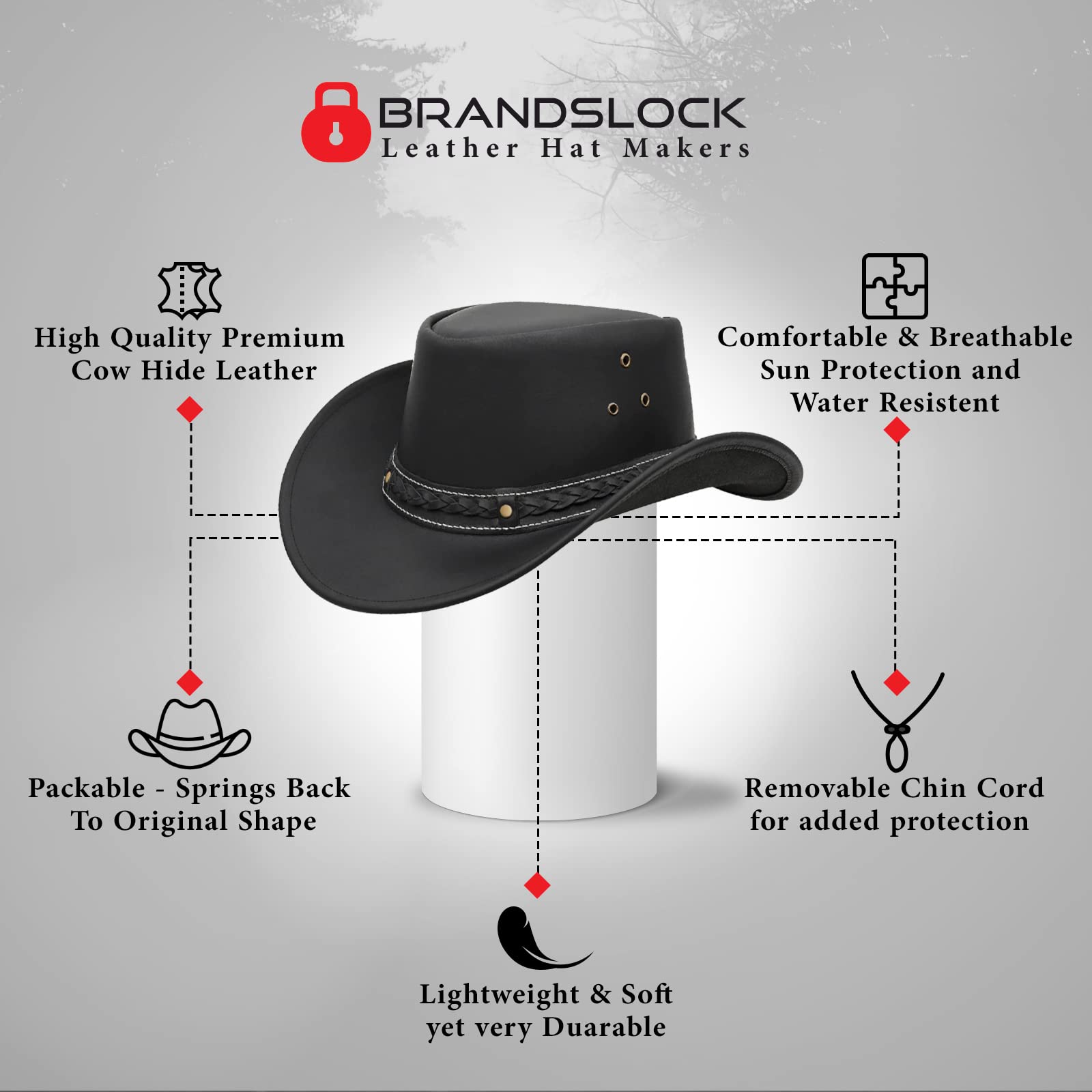 BRANDSLOCK Cowboy Hat for Men Women Lightweight Handcrafted Western Shapeable Wide Brim Durable Hat Black (XL)
