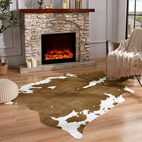Merelax Premium Faux Cowhide Rugs for Living Room 4.6x5.2 Feet,Large Cow Print Rug for Bedroom Home Office Western Decor, Durable Cow Hide Animal Print Floor Carpet,Brown
