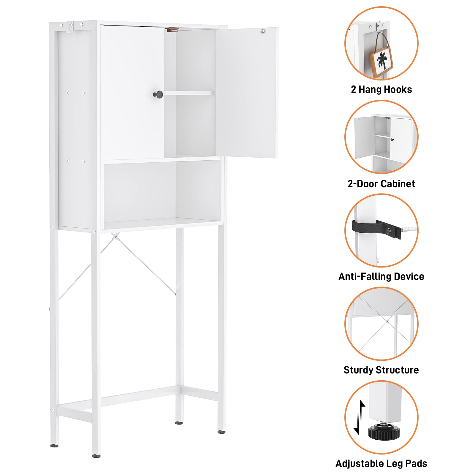 Ecoprsio Over-The-Toilet Storage Cabinet Rack, Bathroom Organizer Shelf Over Toilet, Freestanding Space Saver Toilet Stands with 2 Hooks, White