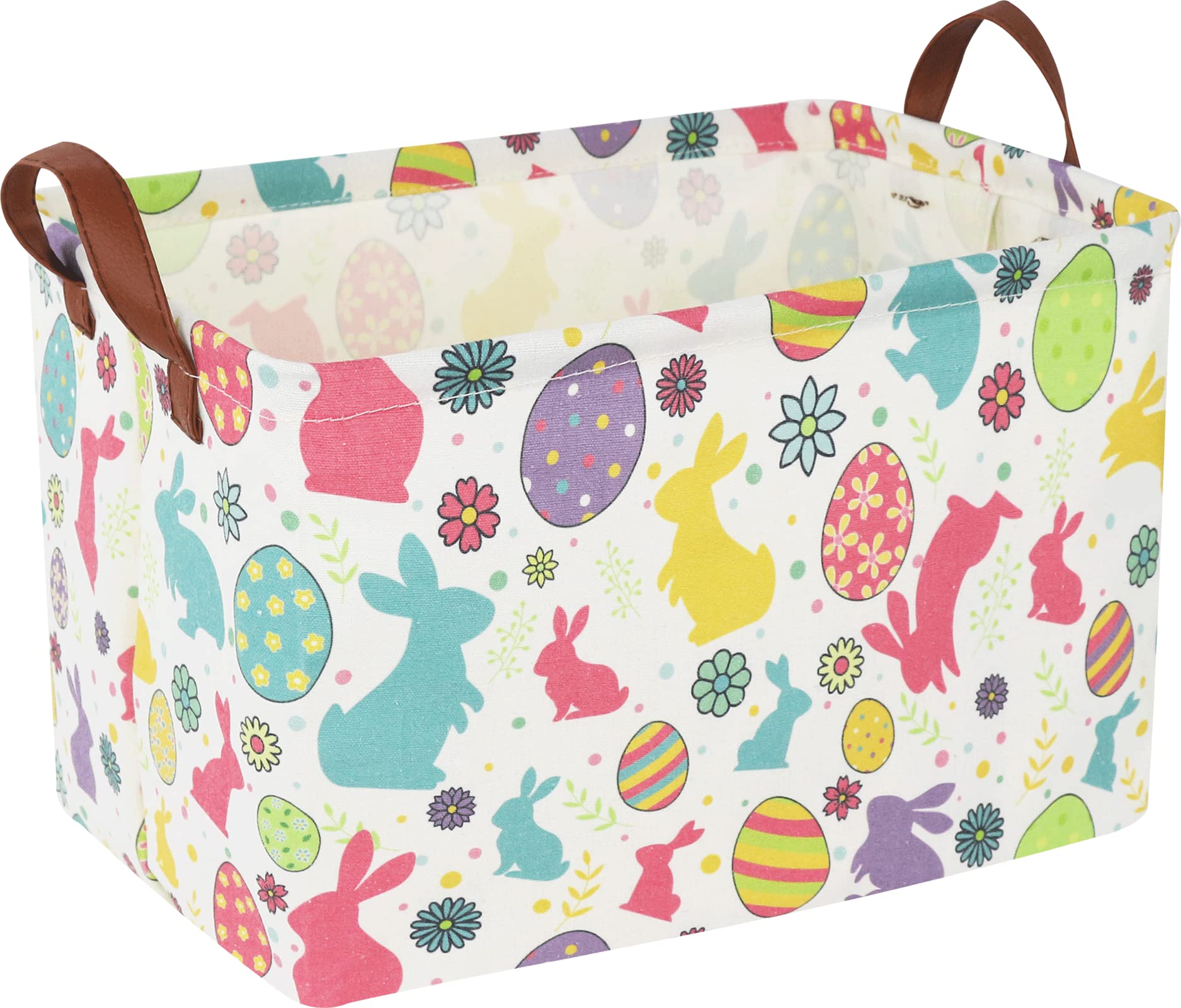 CLOCOR Easter Basket Empty,Waterproof Kids Eggs Basket with Colorful Eggs-pattern,Rectangular Easter Gift Basket with Handles for Boys and Girls,Toys Storage Bin,Baby Room Decor(Easter Eggs Basket)