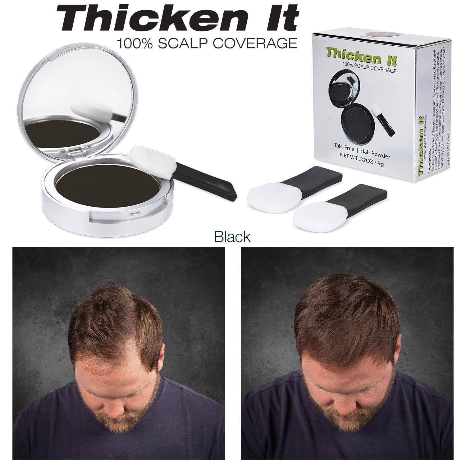 Thicken It 100% Scalp Coverage Hair Powder - BLACK - Talc-Free, Water Resistant Hair Loss Concealer, Thicker Than Hair Fibers & Sprays