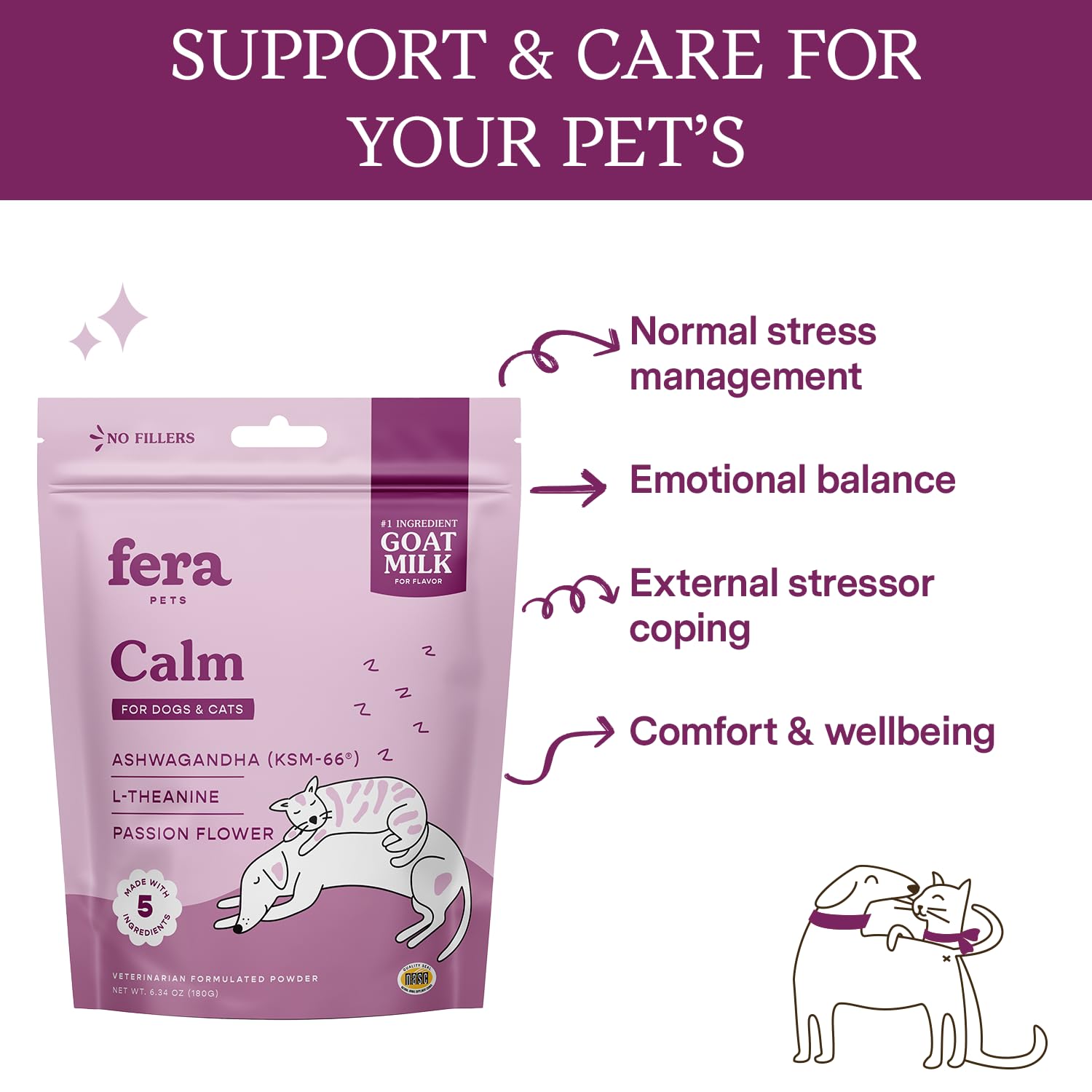 Fera Pet Organics Calming Goat Milk Cat & Dog β Vet Created - Pet Anxiety, Stress & Hyperactivity - Ashwagandha Supplement with GABA-60 Servings