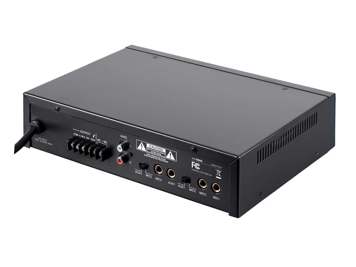Monoprice Commercial Audio 3 Channel 60 Watt 100/70V Mixer Amp - Three Mic Inputs, Bass, Treble, and Volume Controls, Black
