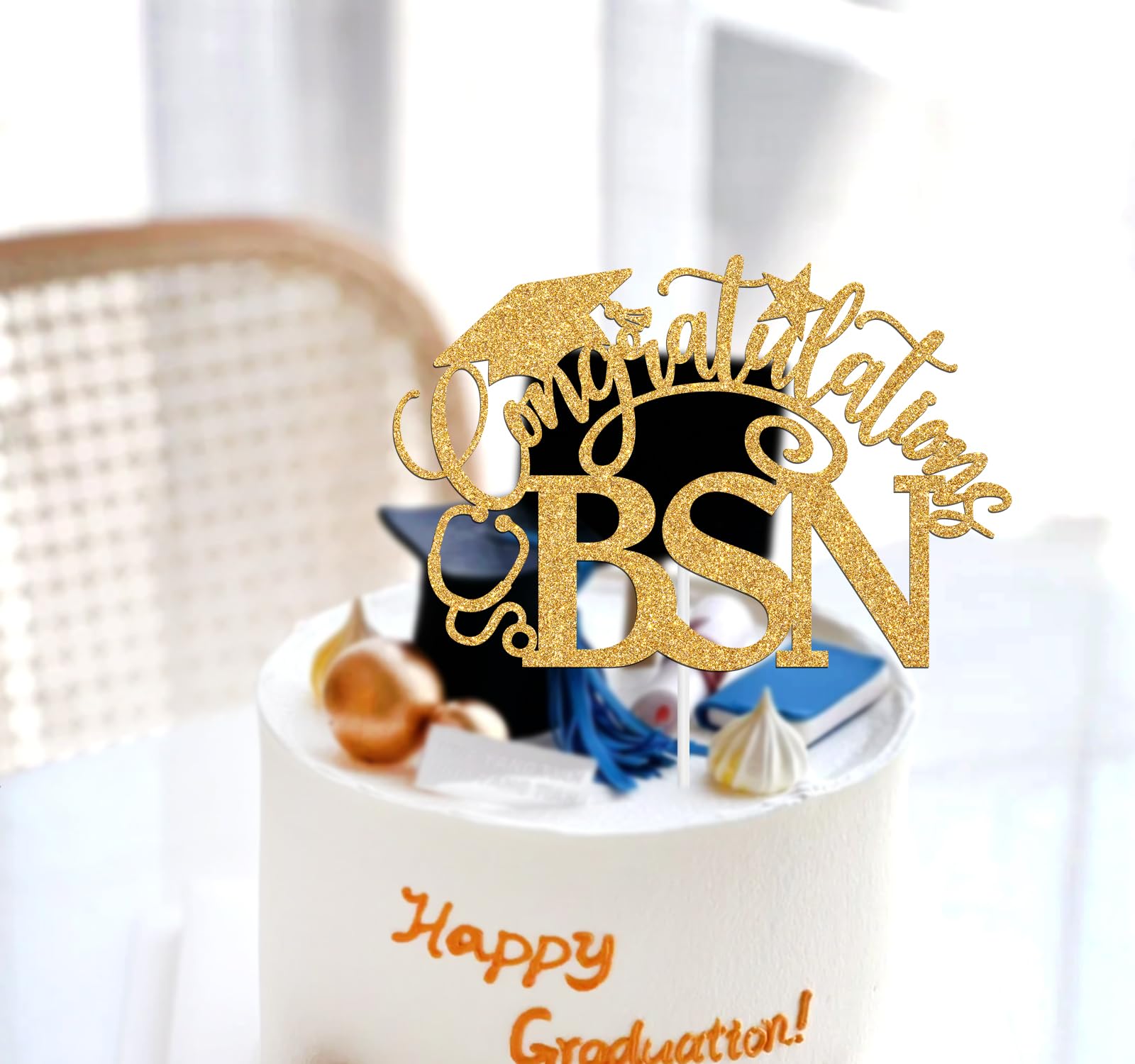 Ferburitar Congratulations BSN Cake Topper, Congrats Nurse/RN Cake Decor, 2025 Nursing School Grad Graduation Party Decorations Supplies, Gold Glitter