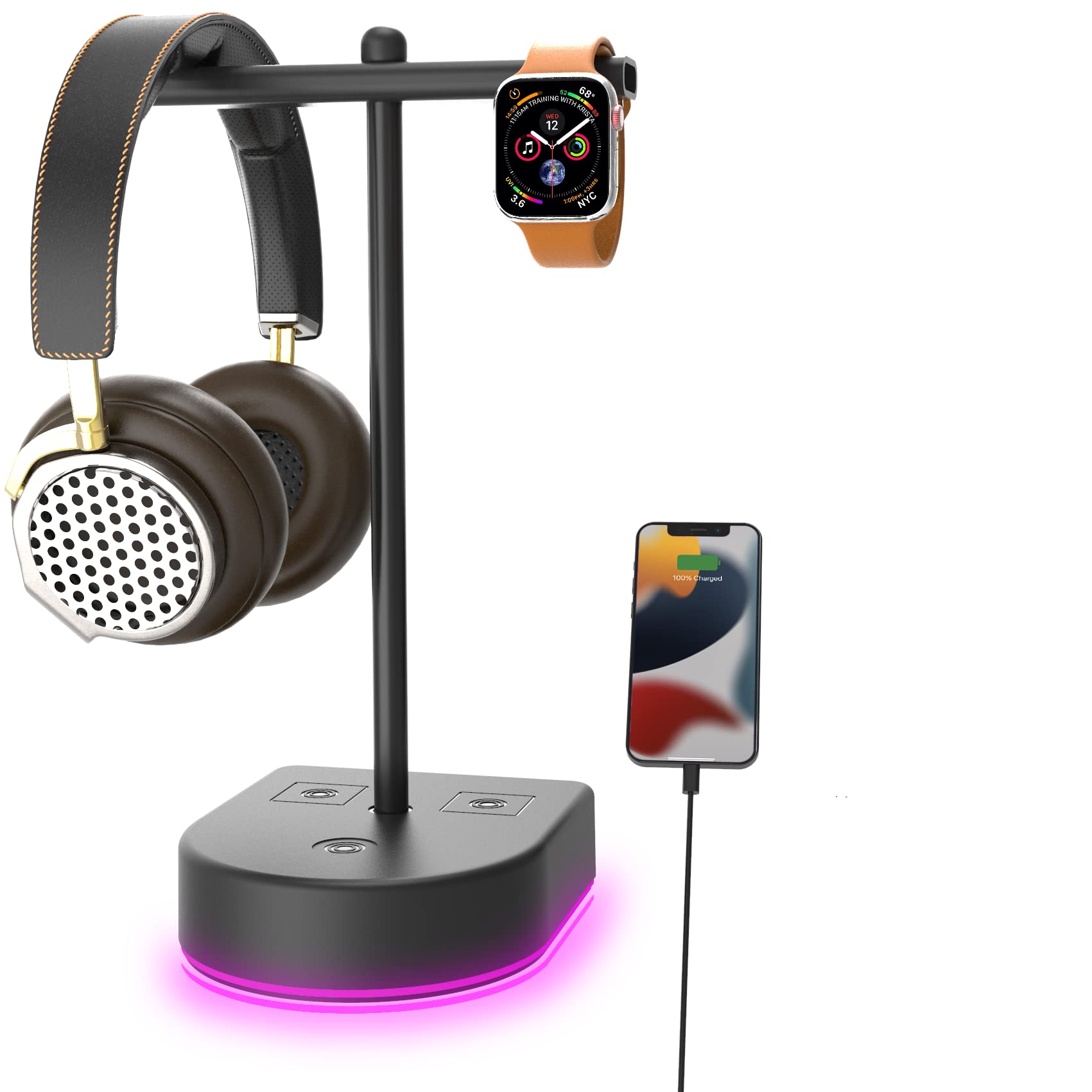 BGMUTCX RGB Dual Headphone Stand with USB Charging Port, Desk Gaming Double Headset Holder,Durable Hanger Rack-Suitable for Desktop Table, Game, DJ, Earphone, PC, PS4, PS5, Xbox Gamer Accessories