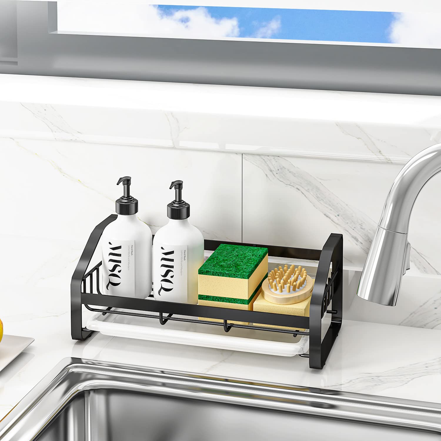 BSKSSK Sink Caddy, Sponge Holder for Kitchen Sink, Kitchen Bathroom Sink Organizer, 304 Stainless Steel Kitchen Countertop Organizer Soap Tray with Removable Drain Tray Length Version - Black
