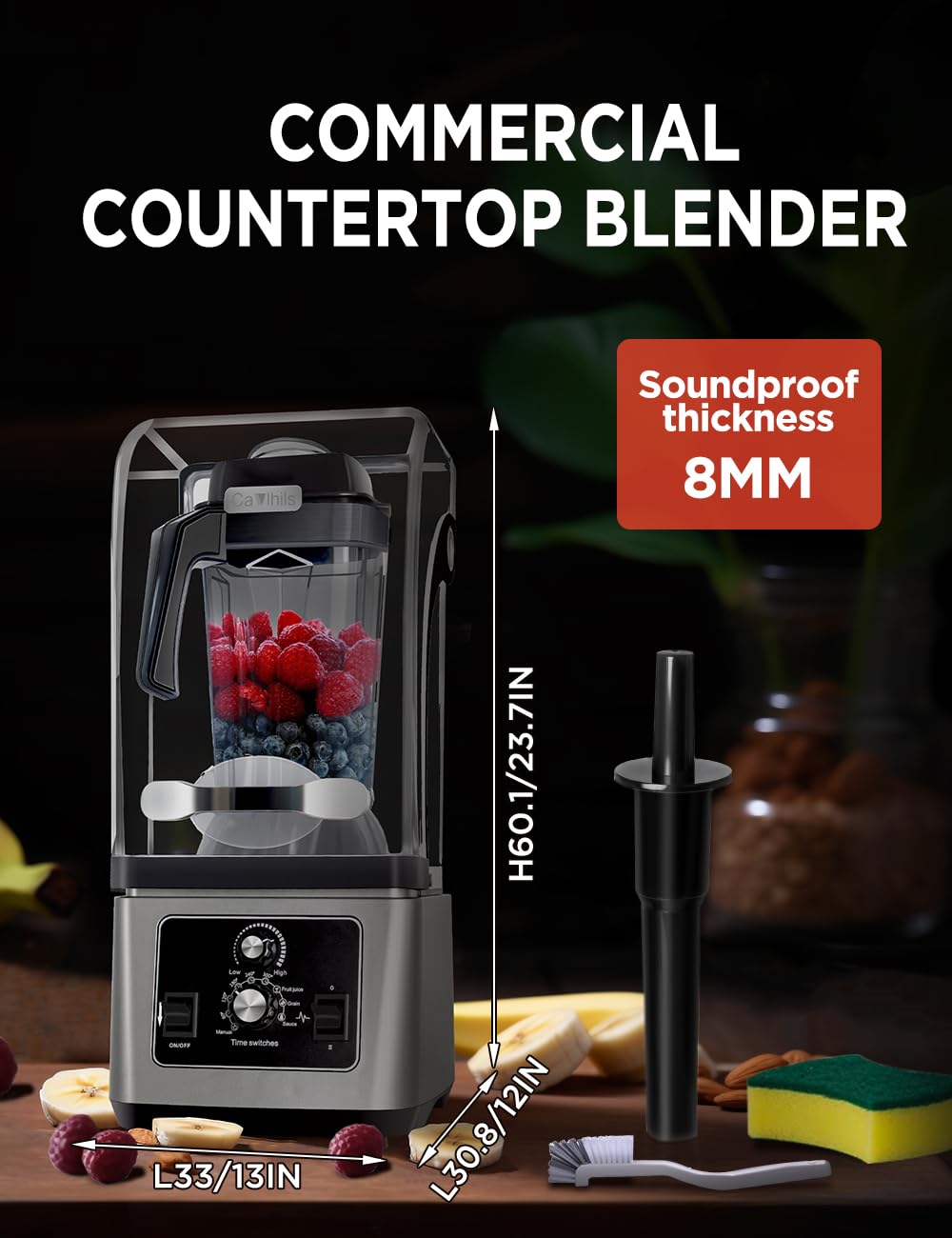 Cavlhils Commercial Blender for Kitchen, 2200W Professional-Grade Power Blender with Soundproof Cover, Electric Variable Speed Processor for Shakes and Smoothies, 88 oz Container & 48000 RPM