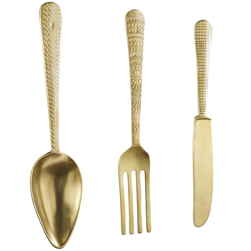 Deco 79 Aluminum Metal Utensils Home Wall Decor Knife, Spoon and Fork Wall Sculpture, Set of 3 Wall Art 4" W, 23" H, Gold
