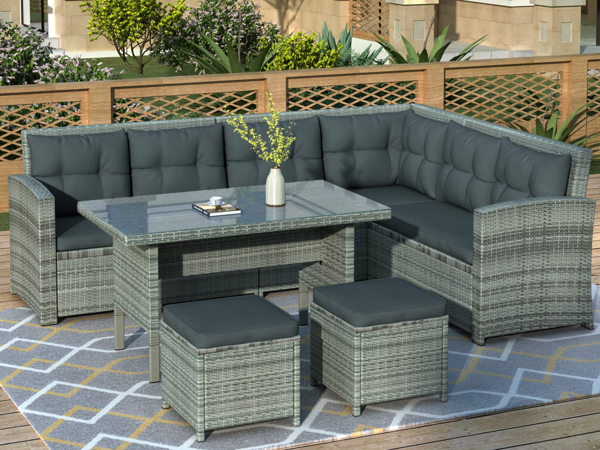 Merax Patio Dining Sets, PE Rattan Sectional Outdoor Patio Furniture Wicker Sofa with 2 Stools, Tempered Glass Table & Cushions, Grey+Dark Grey