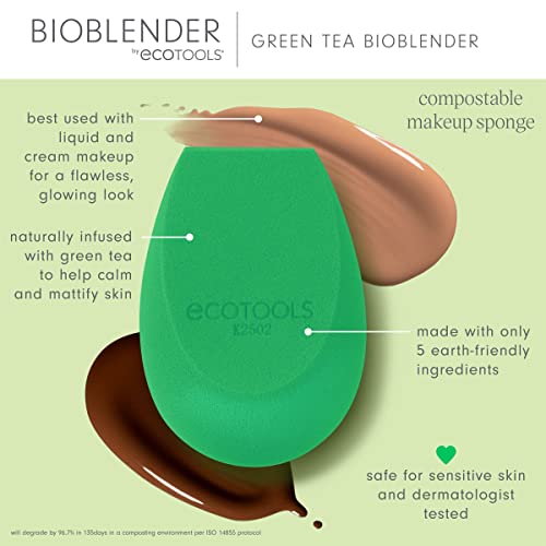 EcoTools Green Tea Bioblender, Compostable Makeup Blending Sponge, For Foundation & Base Coverage, Skin-Calming, Natural Infusion, Cruelty Free & Vegan, Packaging May Vary, 1 Count