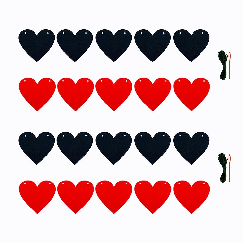 FAZHBARY 2 Pack Black Red Heart Garland Felt Heart Banner for Gothic Valentines Wedding Farewell Heart Party Decorations