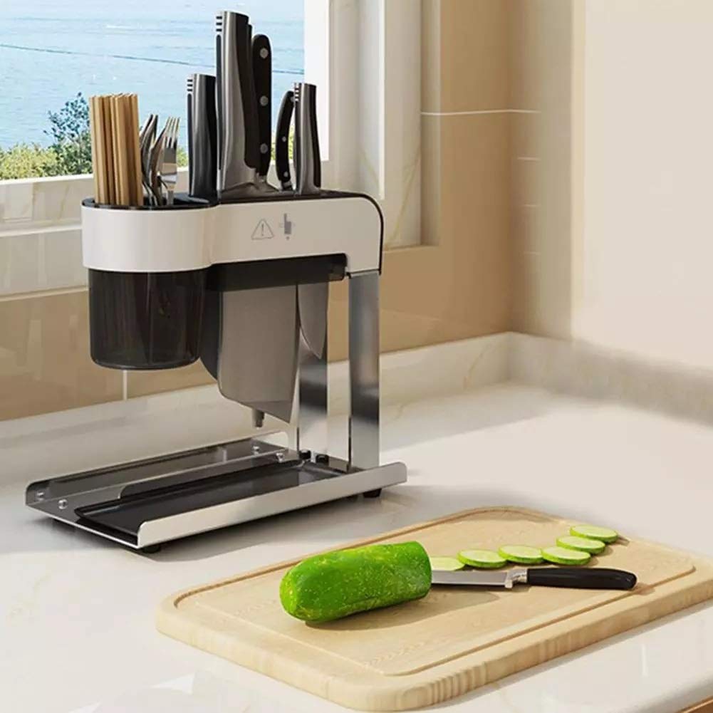 CZDYUF Cutting Board Holder Stainless Steel Drying Rack Kitchen 3 Divisions Compartment Storage Organizer Counter Display Stand(Without knife)
