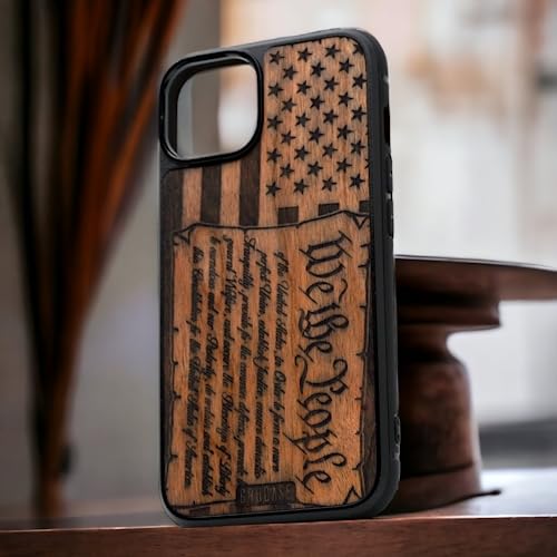 GR8CASE | iPhone 14 Case | iPhone Wood Case | Hand Crafted | Cherry Wood Phone Case | Black Stained Cherry | Constitution | We The People On American Flag | Handmade Phone Case