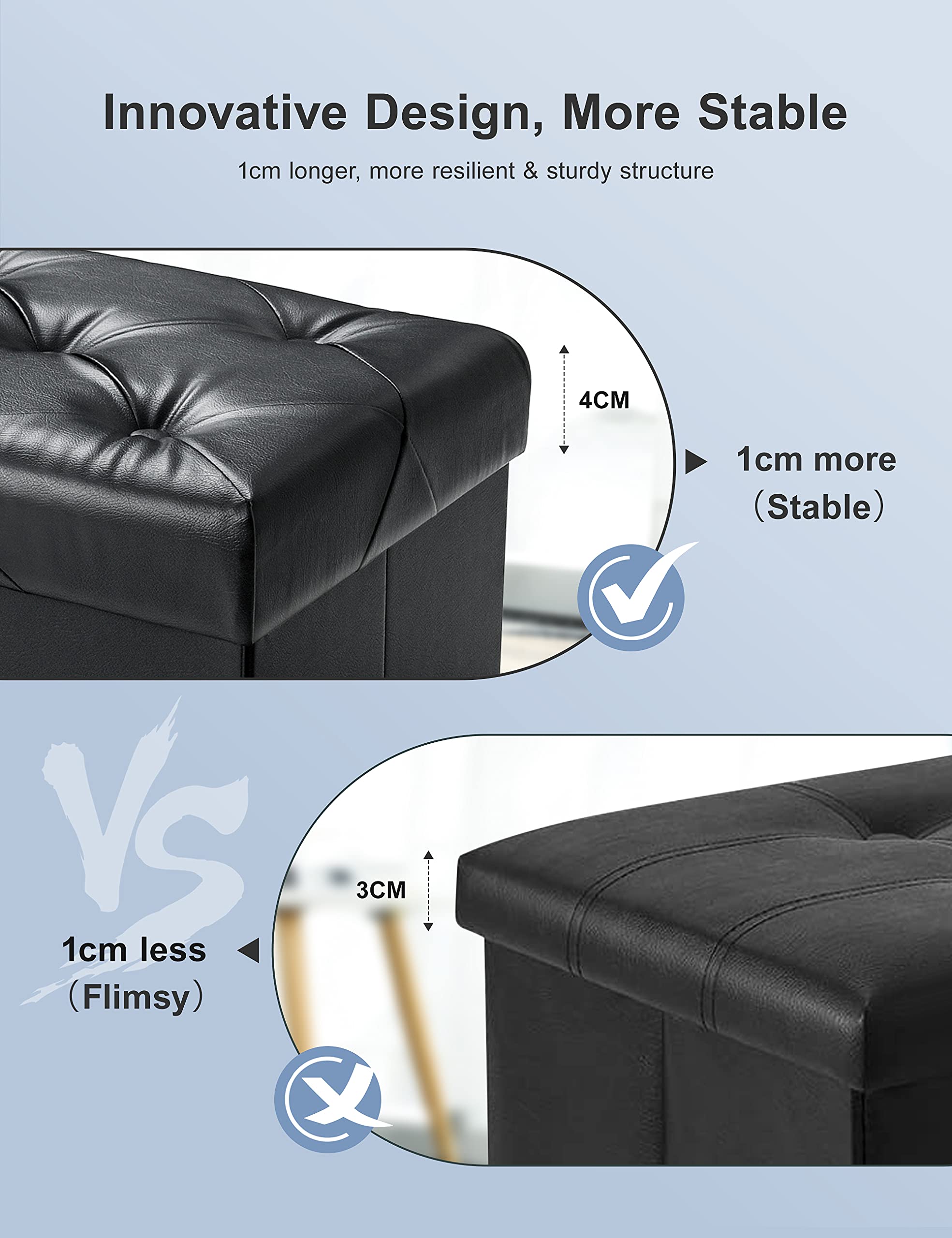 Nicehill 30 inches Folding Storage Ottoman Bench with Wooden Legs, Ottoman with Storage for Living Room & Bedroom,Faux Leather, Load 350lbs, Black