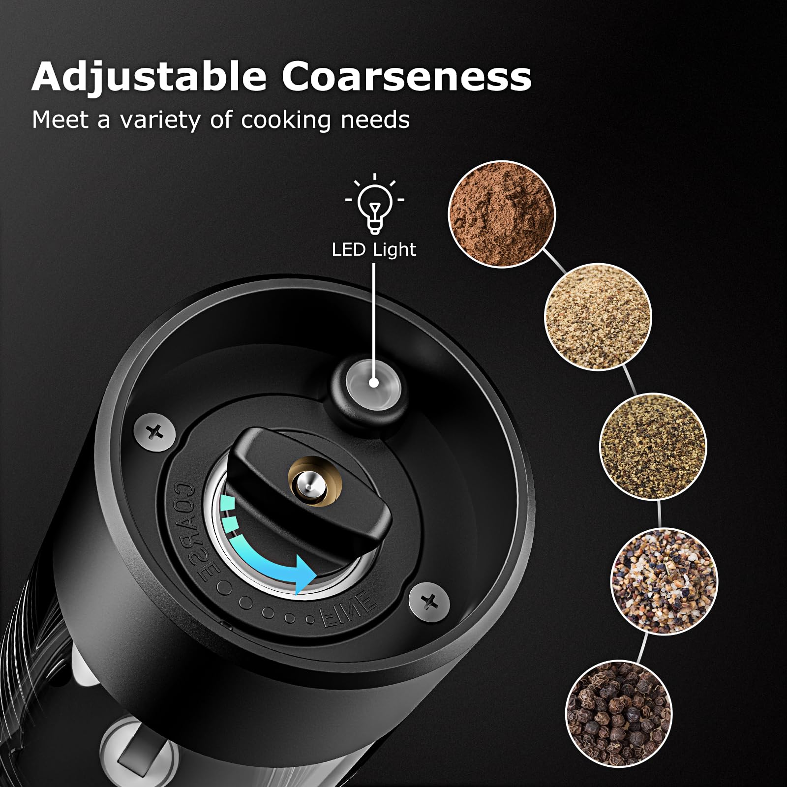 Bonsenkitchen Electric Salt and Pepper Grinder Set, Battery Operated(Not Included),2 Pack Automatic Salt & Pepper Mill Shakers with LED Light, Adjustable Coarseness, Storage Base, 95ml Large Capacity
