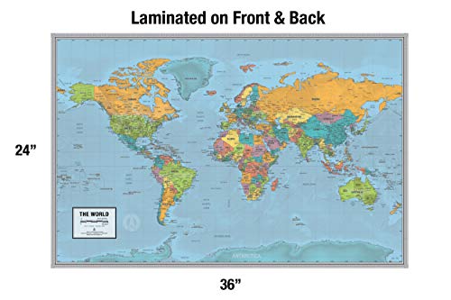 Laminated World Voyager Map Poster | Bright Style Map | Includes The Most Legible Location Labels | 36β x 24β | Shipped Rolled in a Tube, Not Folded | Great for The Home or Classroom