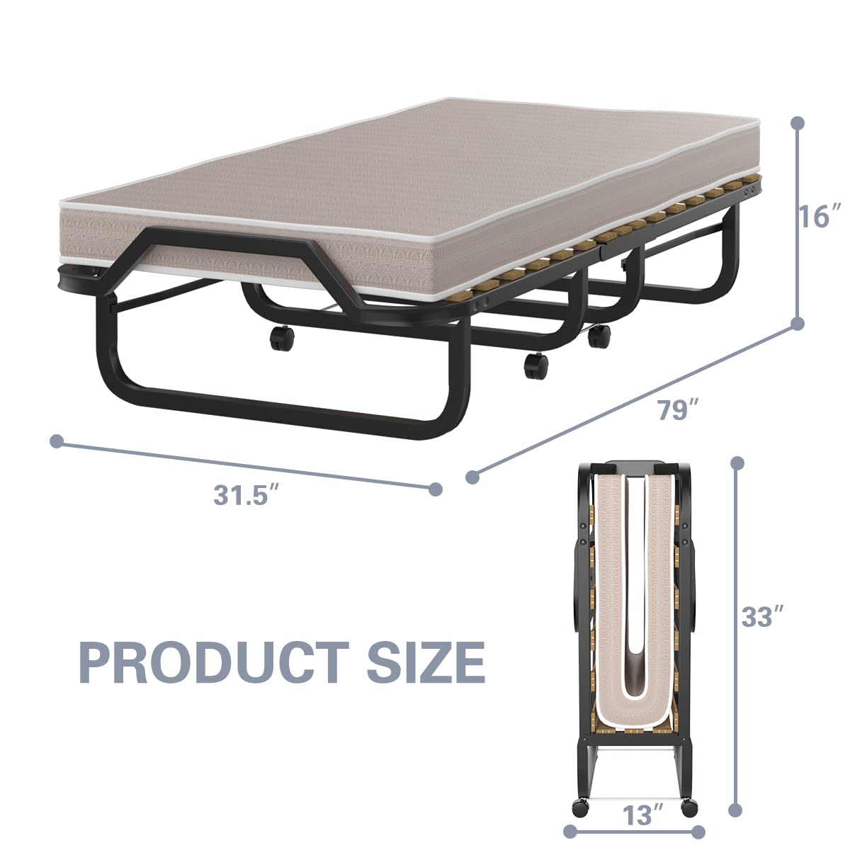 GORELAX Foldable Single Bed, Cot Size Portable Bed with 4β Memory Foam Mattress & Wheels, Rollaway Guest Bed w/Steel Frame & Wooden Slats, Made in Italy, Sleeping Folding Cot Bed for Adults