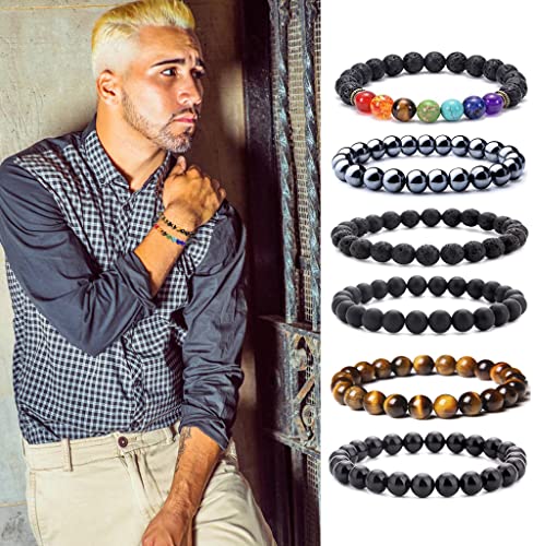 SAMOCO 12 Pcs Adjustable Lava Rock Stone Essential Oil Diffuser Bracelet Braided Elastic Rope Stone Yoga Beads Bracelets for Men Women