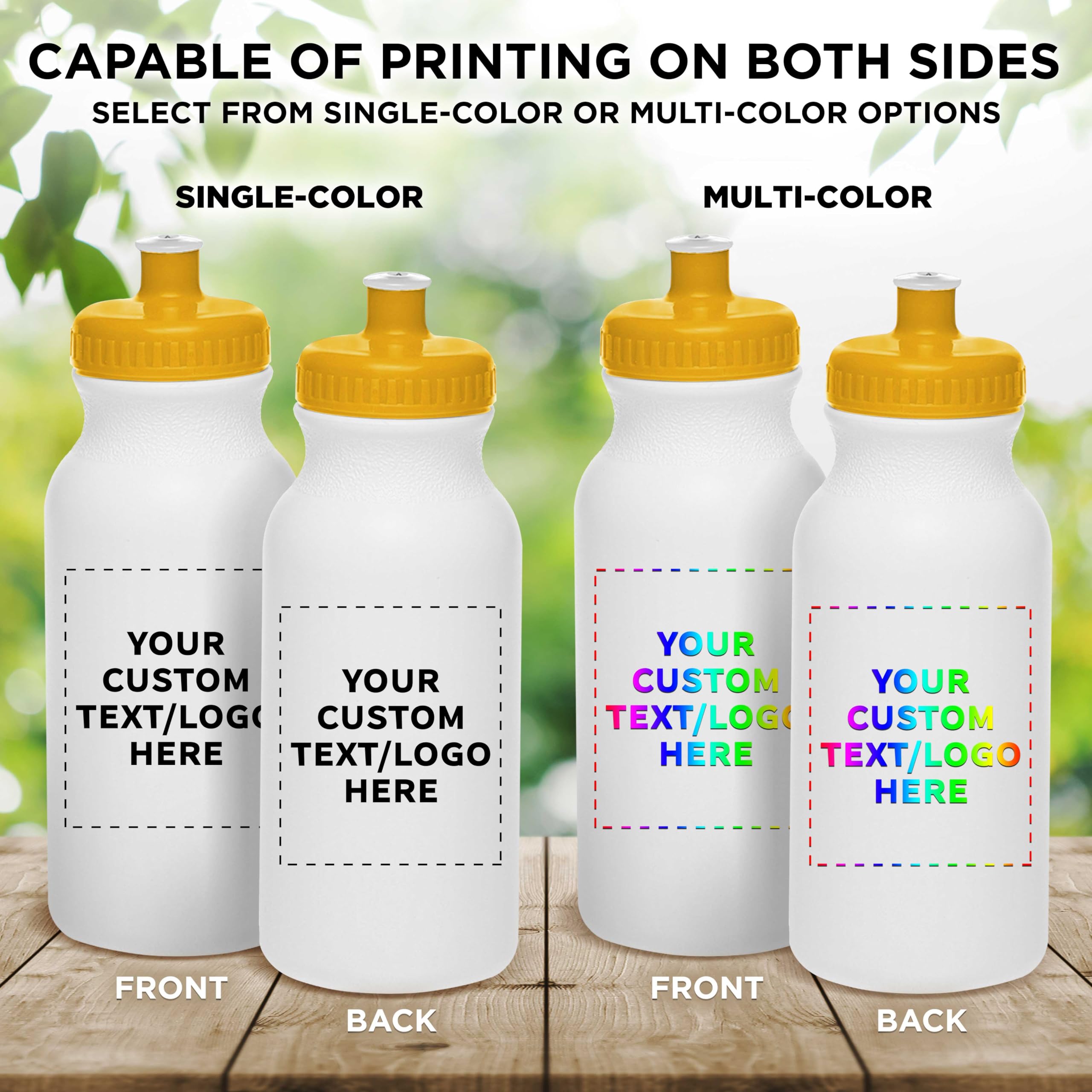 DISCOUNT PROMOS Custom White Water Bottles with Push Cap -50 pack, Customizable Text, Logo, 20 oz, Reusable BPA FREE Squeezable Bottles in Bulk - White Yellow